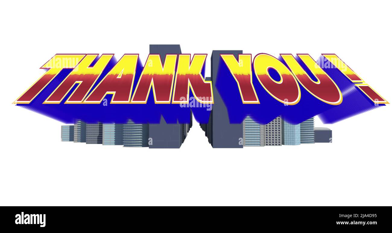 Image of thank you text in red and blue letters over cityscape ...