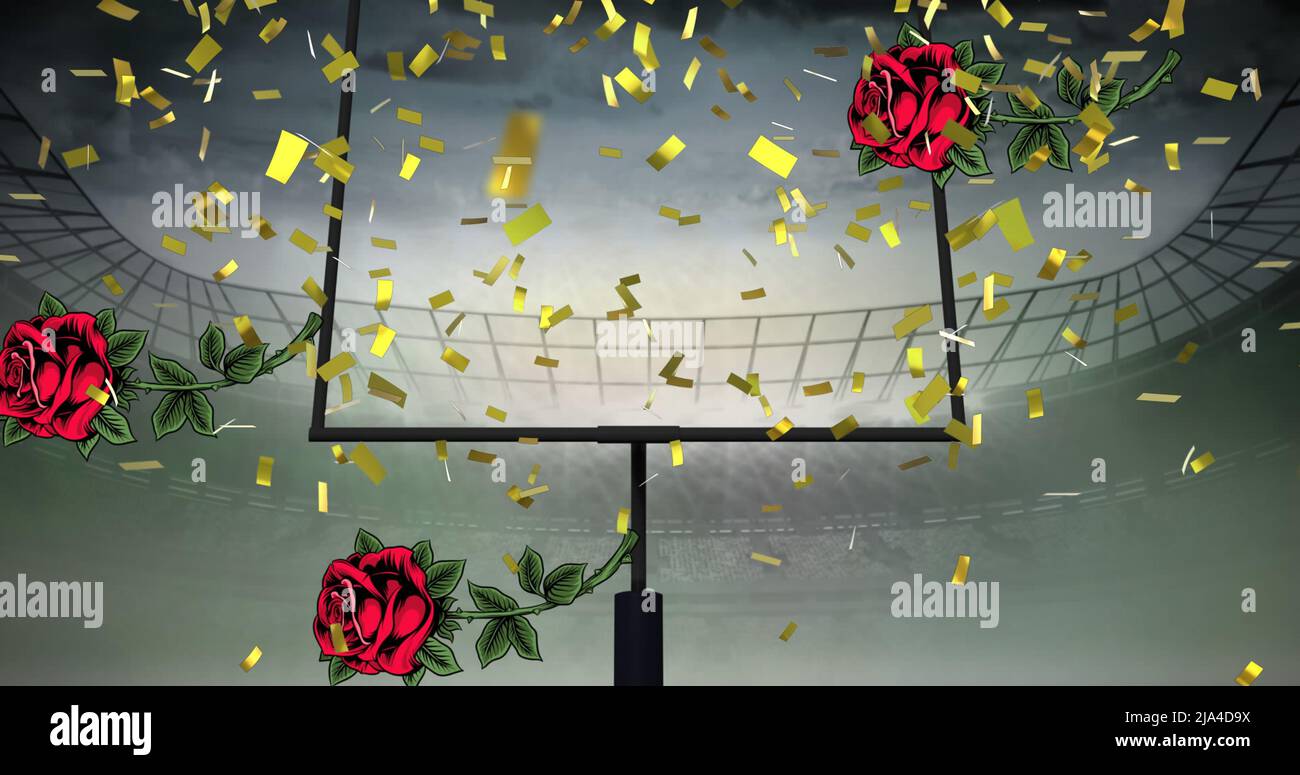 Image of confetti and roses falling over sports stadium Stock Photo - Alamy