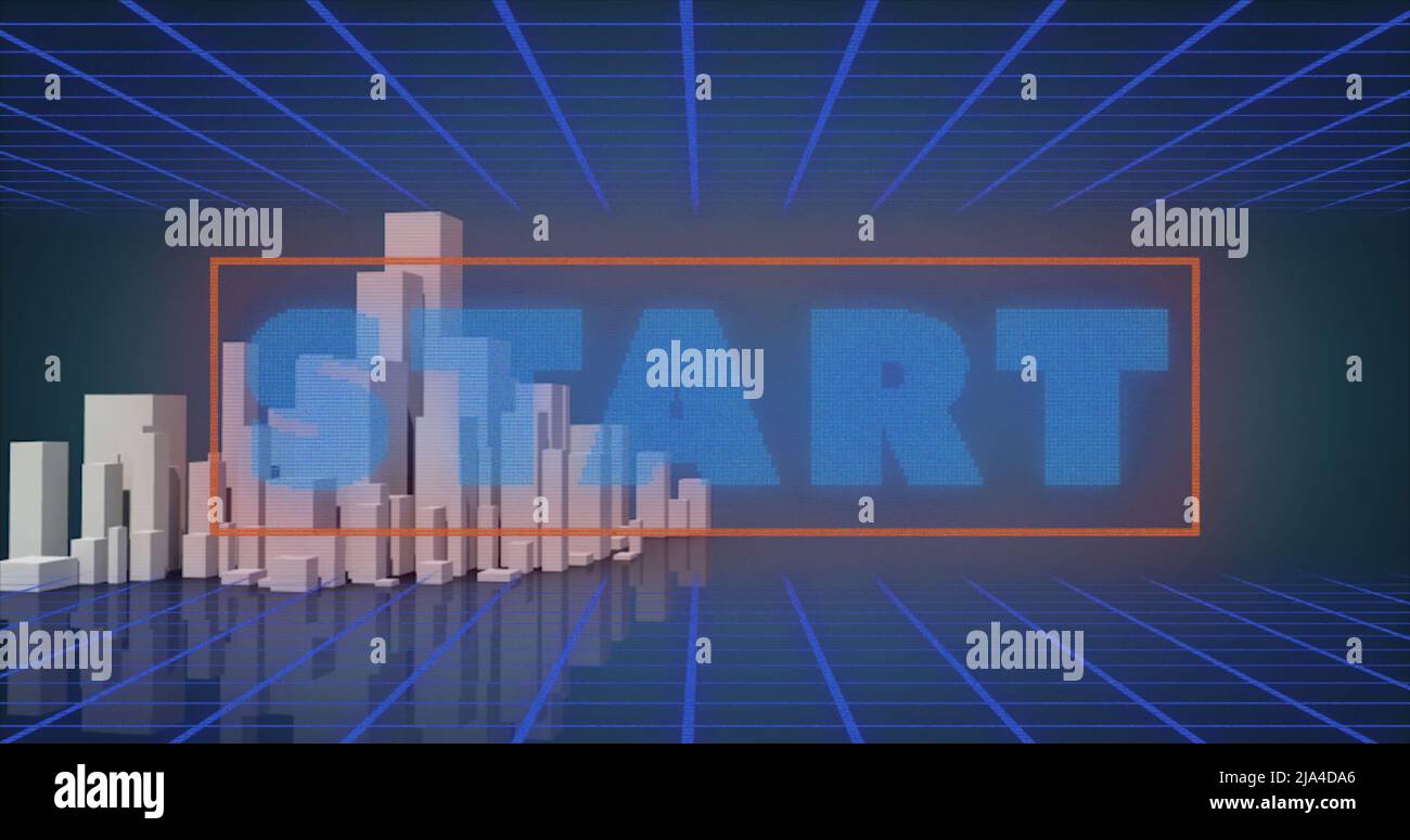 Image of start text in blue letters in frame over cityscape Stock Photo ...