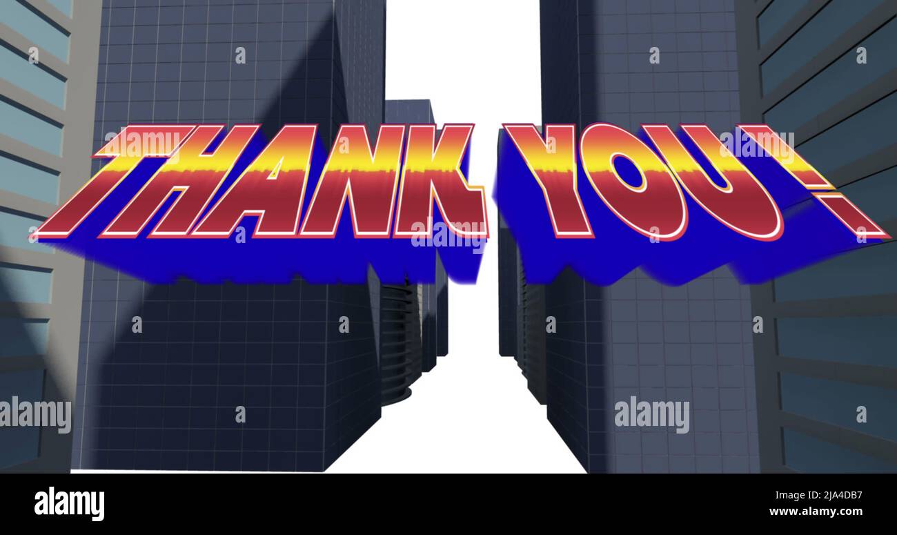 Image of thank you text in red and blue letters over cityscape ...