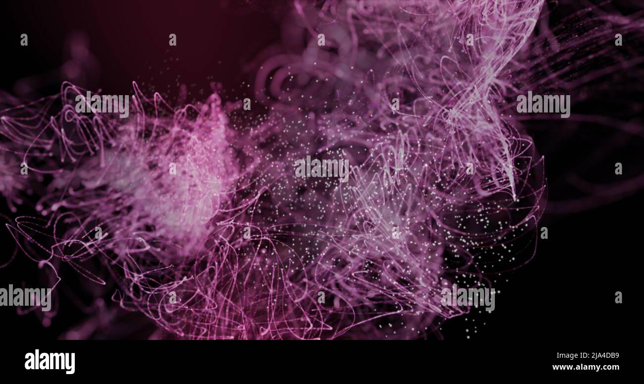 Digital image of dna structure and purple light trails against black ...