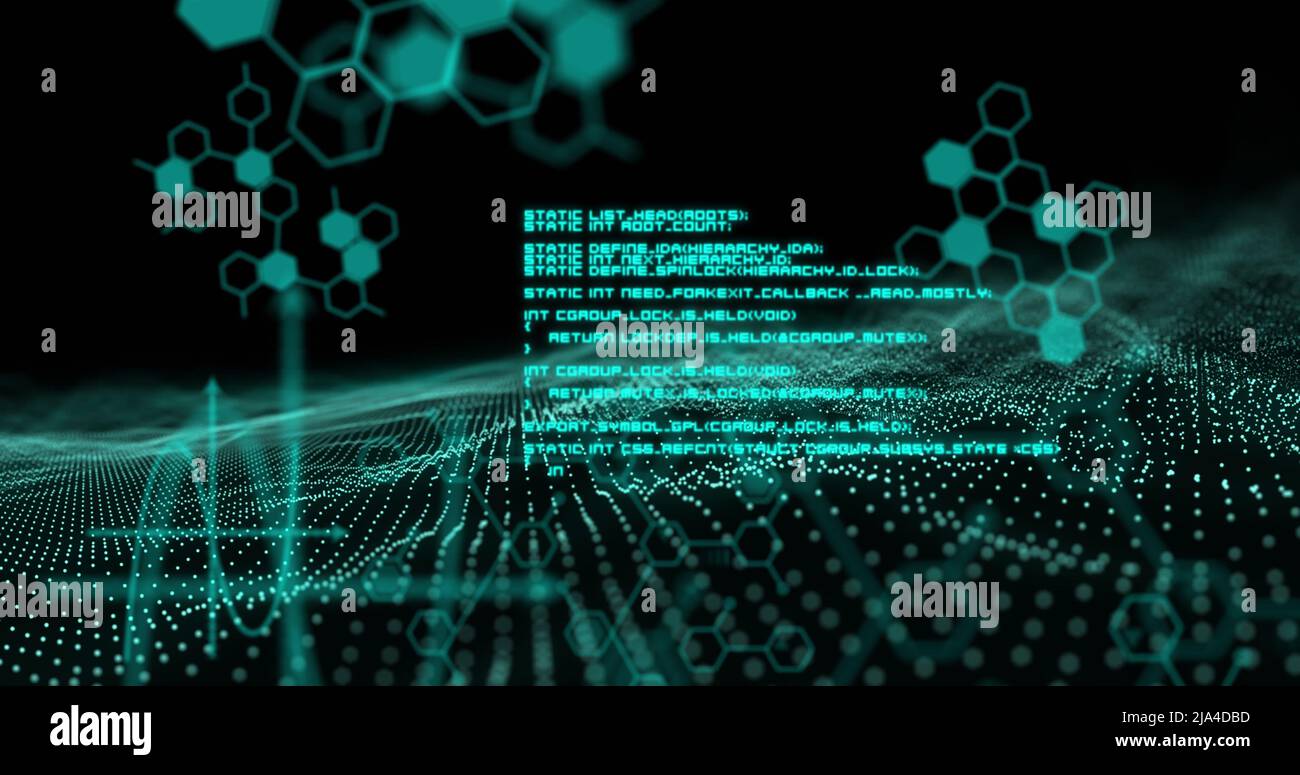 Image of data processing and chemical compounds over green glowing mesh ...