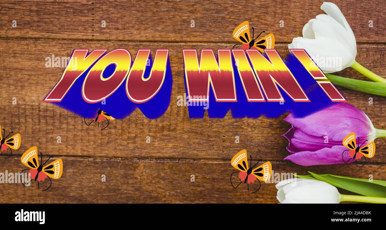 Image of you win text in red and blue letters over butterflies and ...