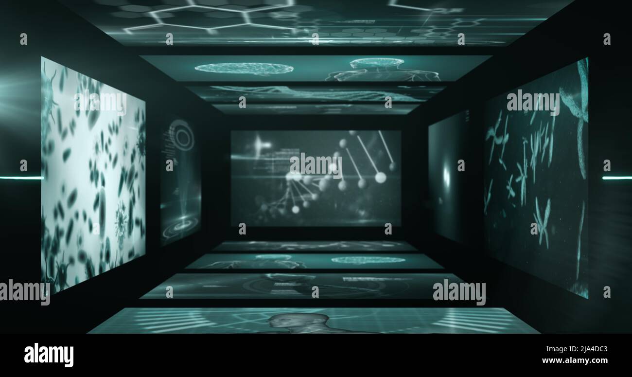 Image of dna strand spinning and scientific data processing with blue ...