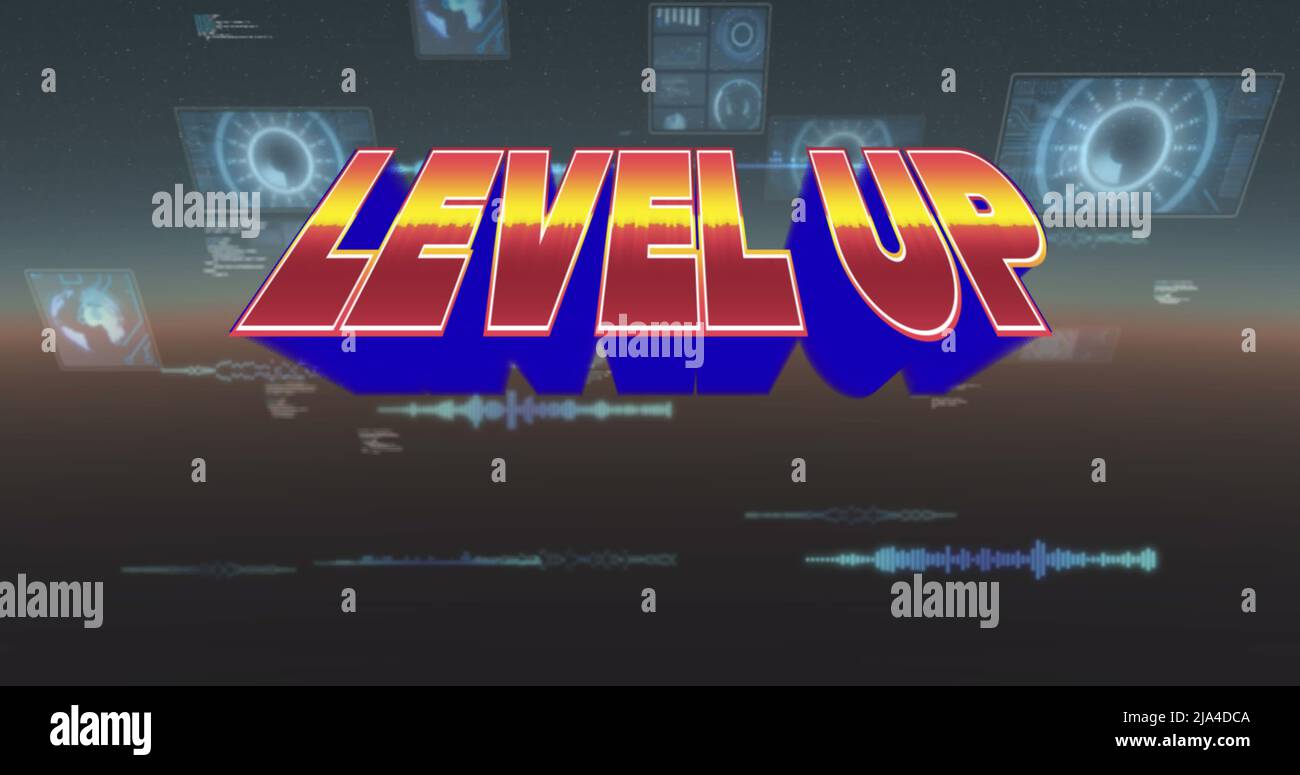 Image of level up in digital abstract space with screens and diverse ...