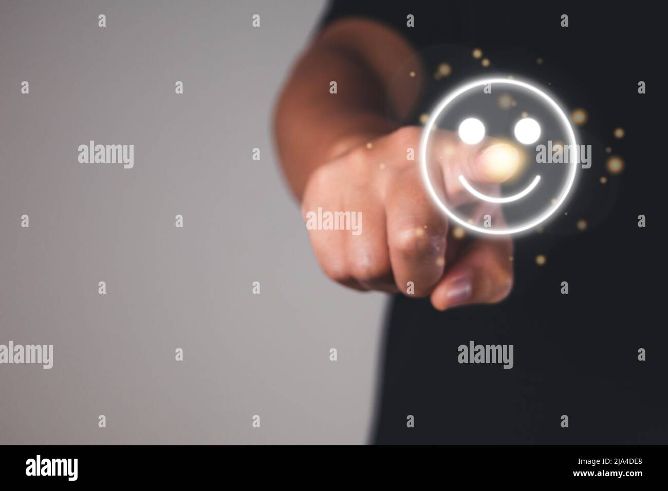 Evaluation and satisfaction concept. Index Finger of hand points to ...