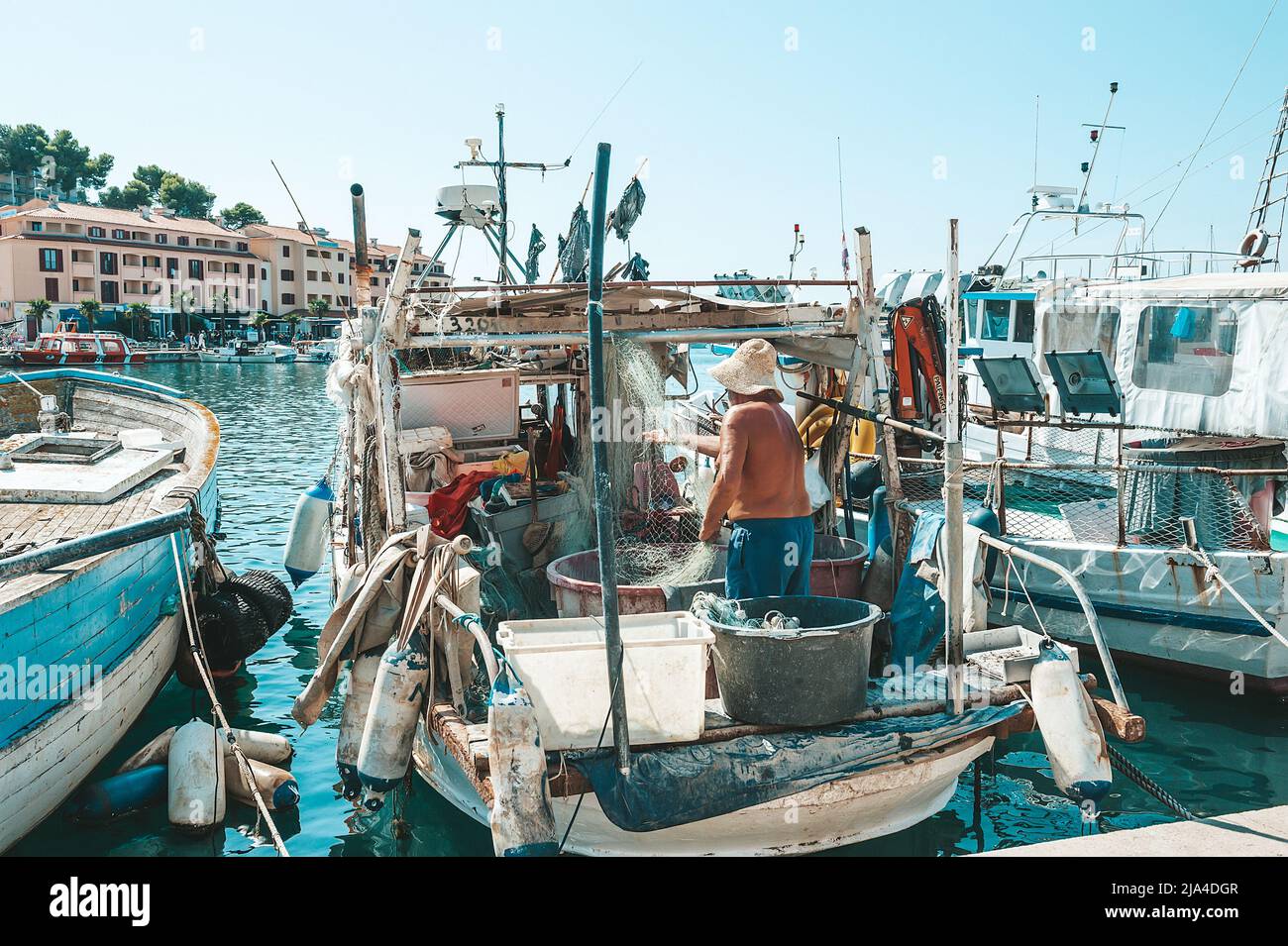 August 30, 2018. Vrsar. A Croatian sailor cleans fish caught fishing in ...