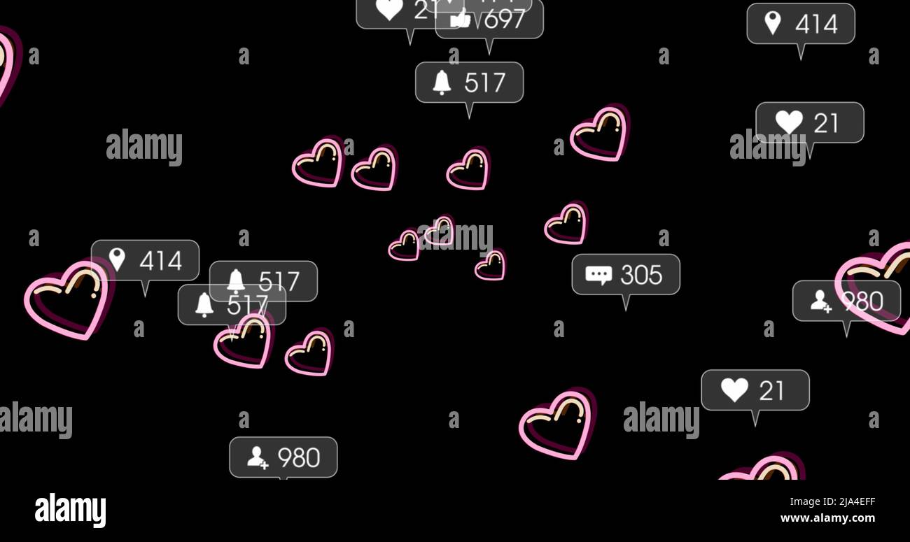 Image of hearts and social media reactions over black background Stock ...