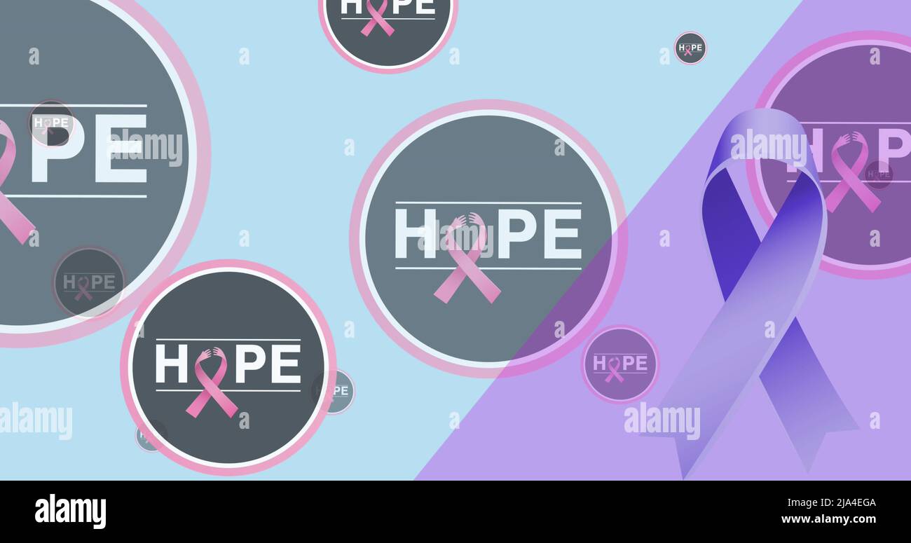 Image of hope in circles with ribbon over blue and violet background ...