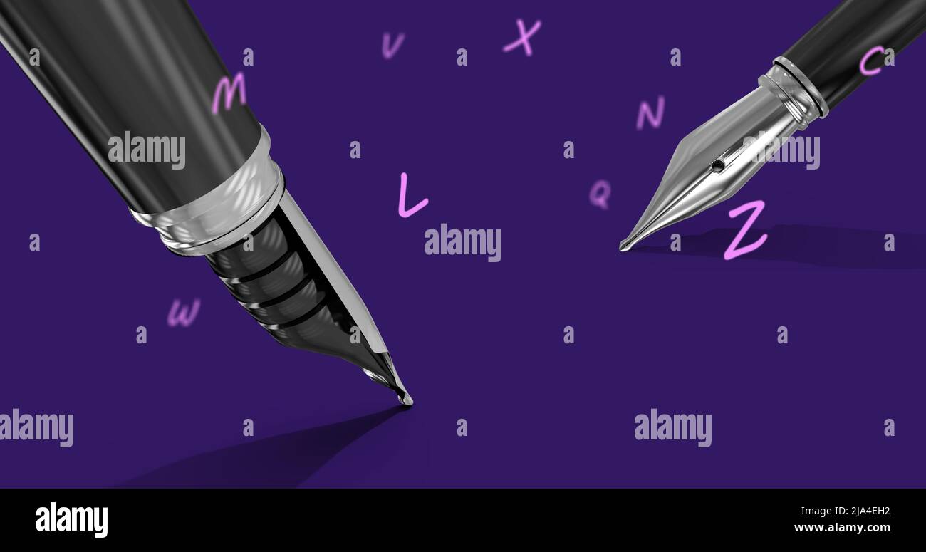 Image of letters floating over pens on violet background Stock Photo ...