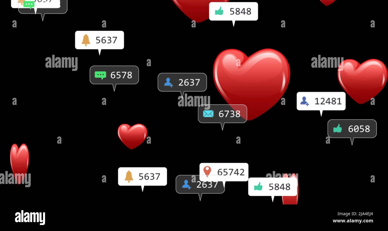 Image of hearts and social media reactions over black background Stock ...