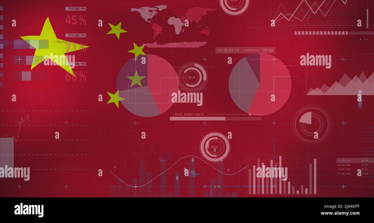 Image of financial data and graphs over flag of china Stock Photo - Alamy