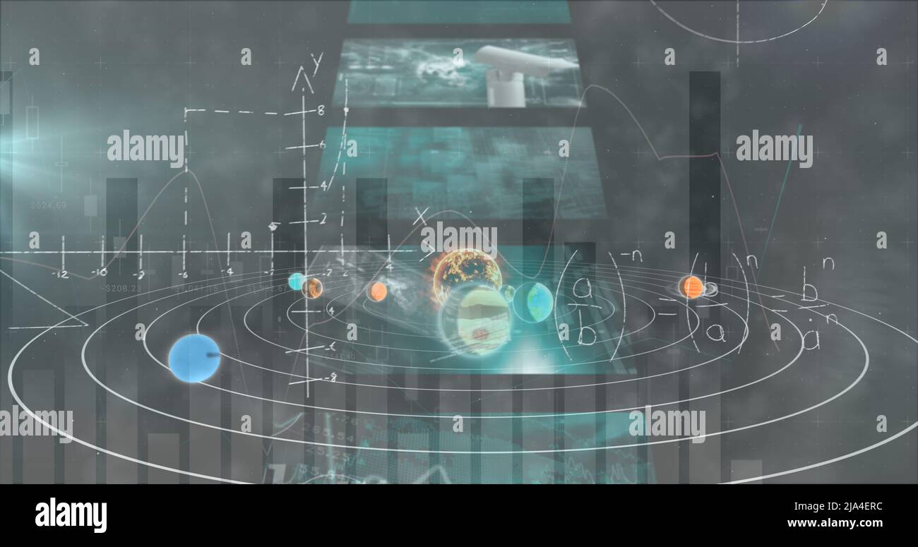 Image of solar system and mathematical equations with data processing ...