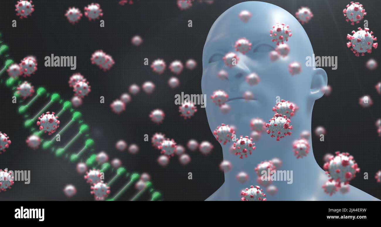 Image of virus cells over dna, human model and black background Stock ...