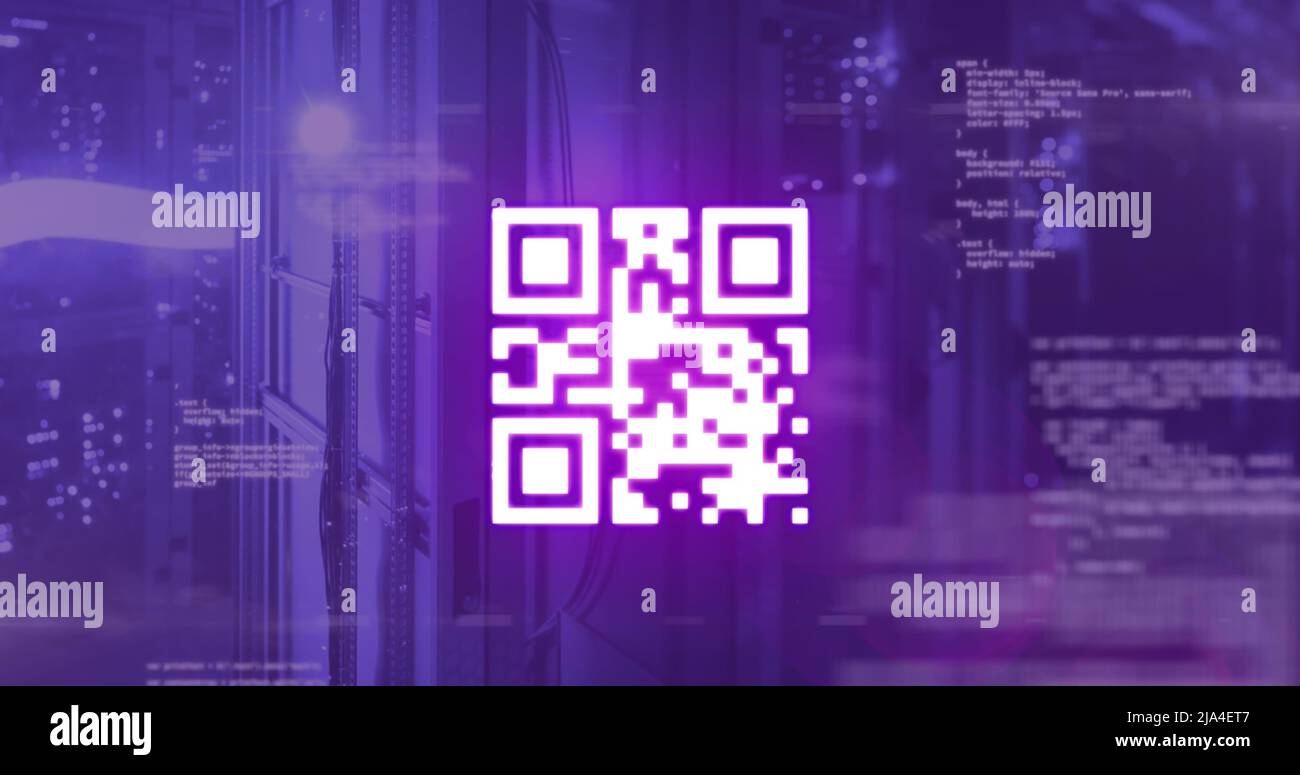 Image of neon qr code with lines over data processing and server room ...