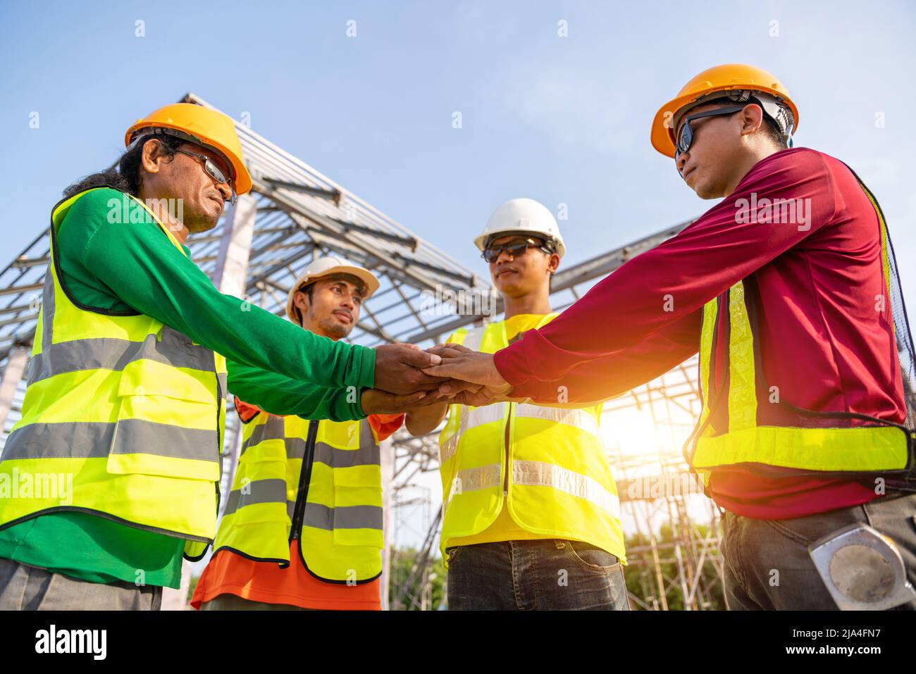 4 Workers in Construction Site, Architect and Engineer construction ...