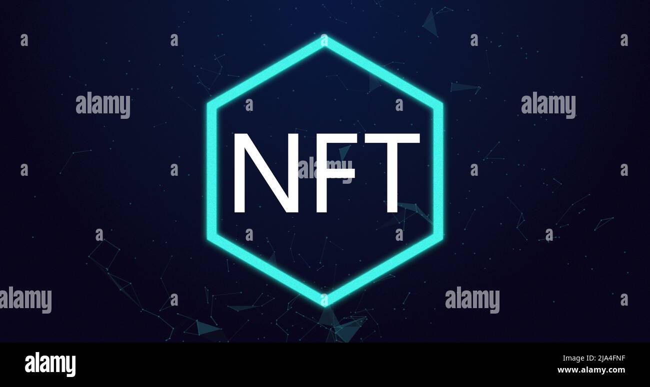 Image of nft text in neon hexagon over white shapes on blue background ...