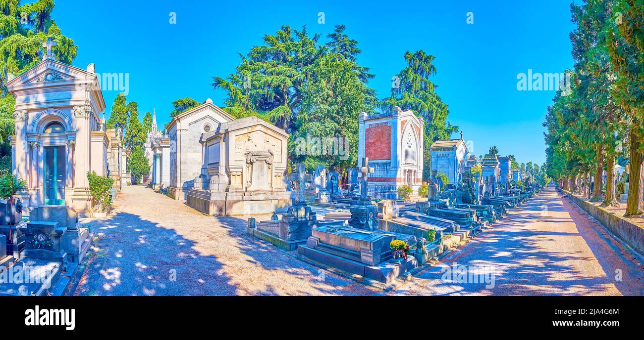 Panorama of the large Memorial Cemetery of milan with lines of funeral ...