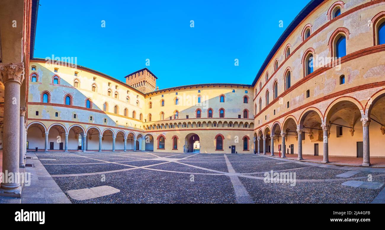 Panorama of La Rocchetta courtyard of medieval Sforza's Castle in Milan ...