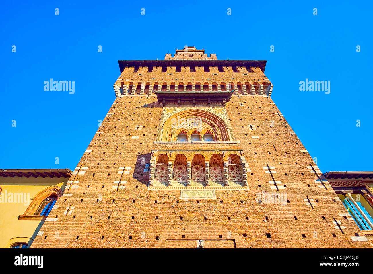 Spectacular medieval Torre del Filarete tower made of red brick, Sforza ...