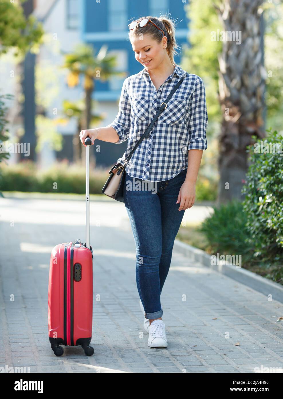 Girl carrying suitcase by streets Stock Photo - Alamy