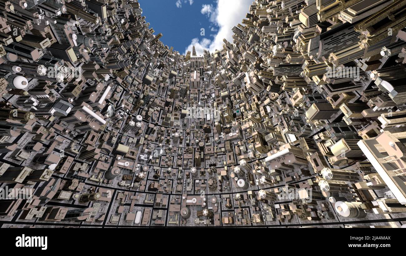 3D-illustration of a multiverse with skysrcapers in a cylinder Stock ...