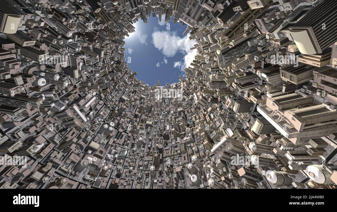 3D-illustration of a multiverse with skysrcapers in a cylinder Stock ...