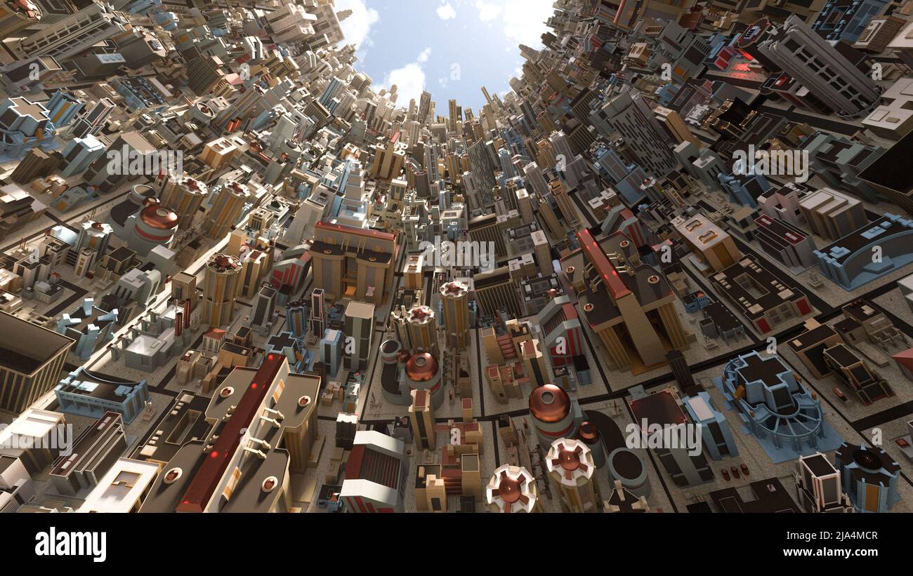 3D-illustration of a multiverse with skysrcapers in a cylinder Stock ...