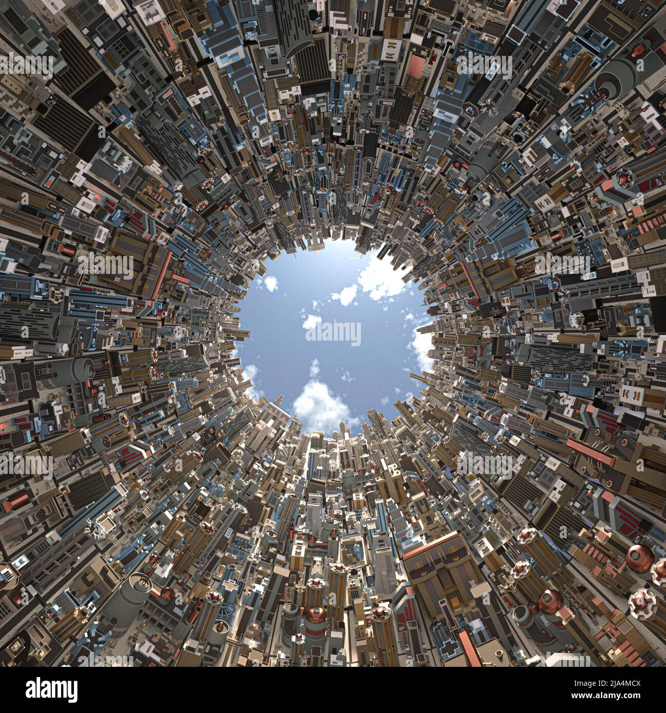 3D-illustration of a multiverse with skysrcapers in a cylinder Stock ...