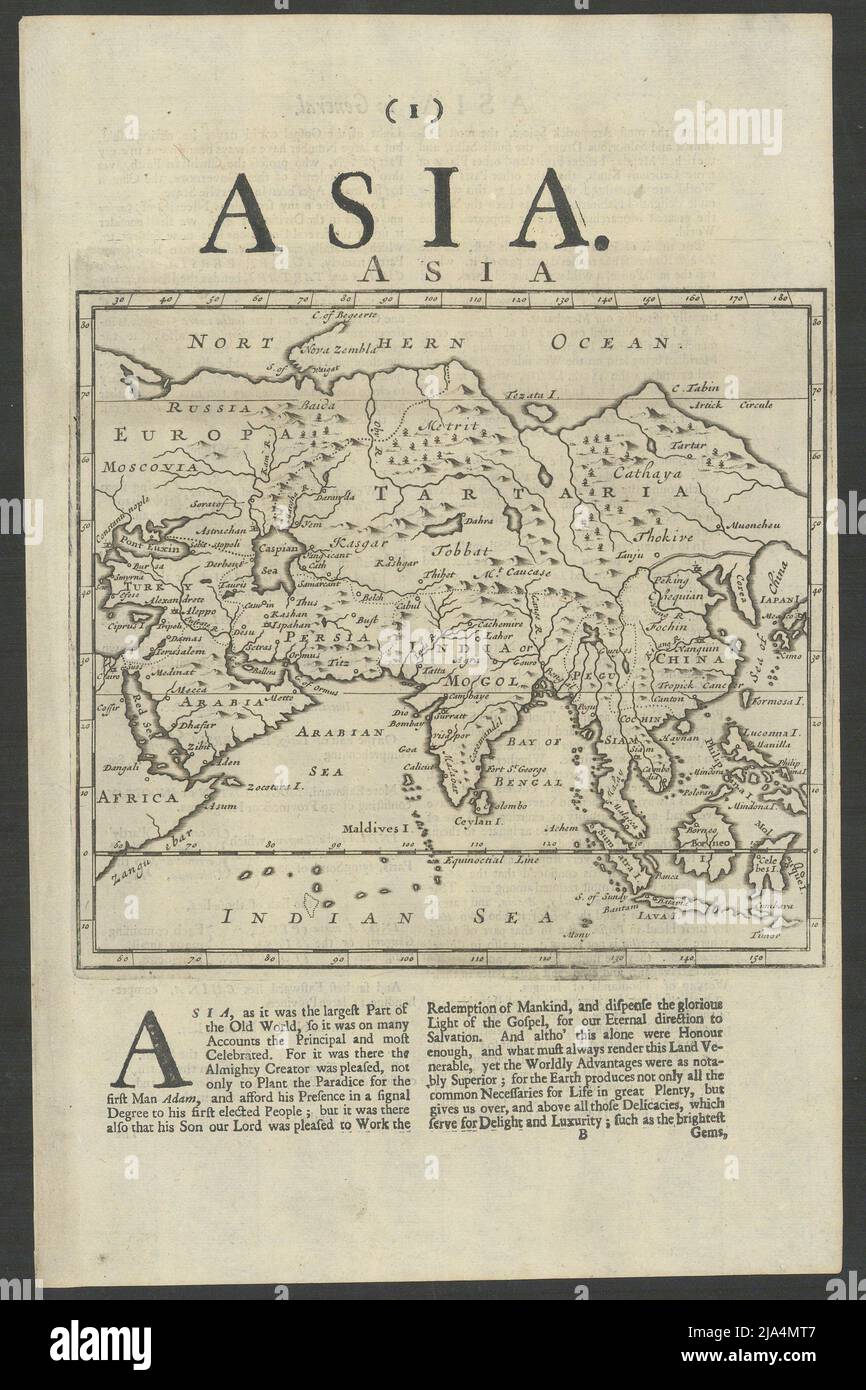 Asia by Herman Moll. Great Wall of China. Mogol empire. Tartaria 1709 ...