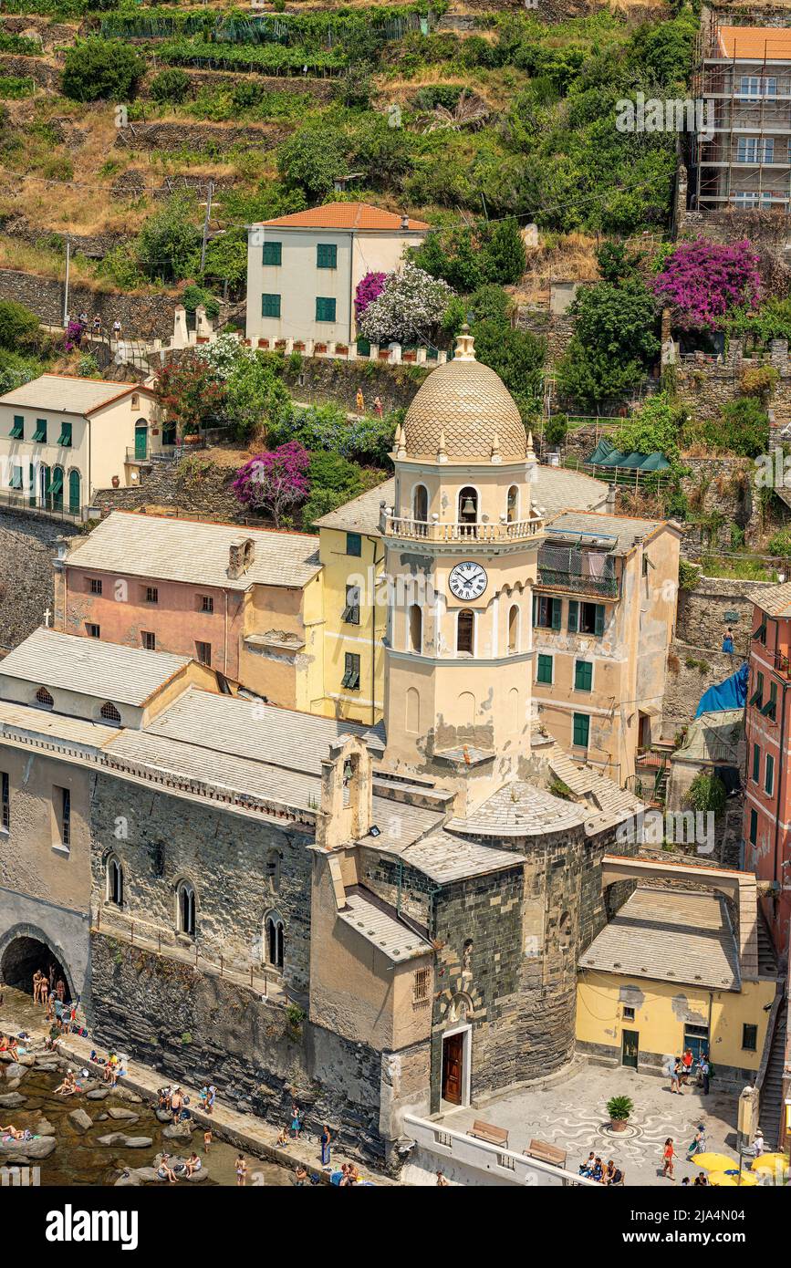 Vernazza village. Church and bell tower of Santa Margherita di ...