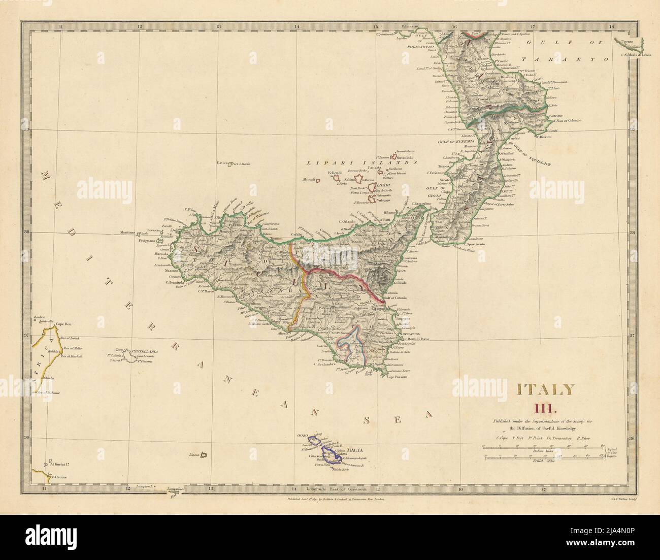 SICILY CALABRIA. Sicily Malta Gozo. Original outline colour. SDUK 1844 ...
