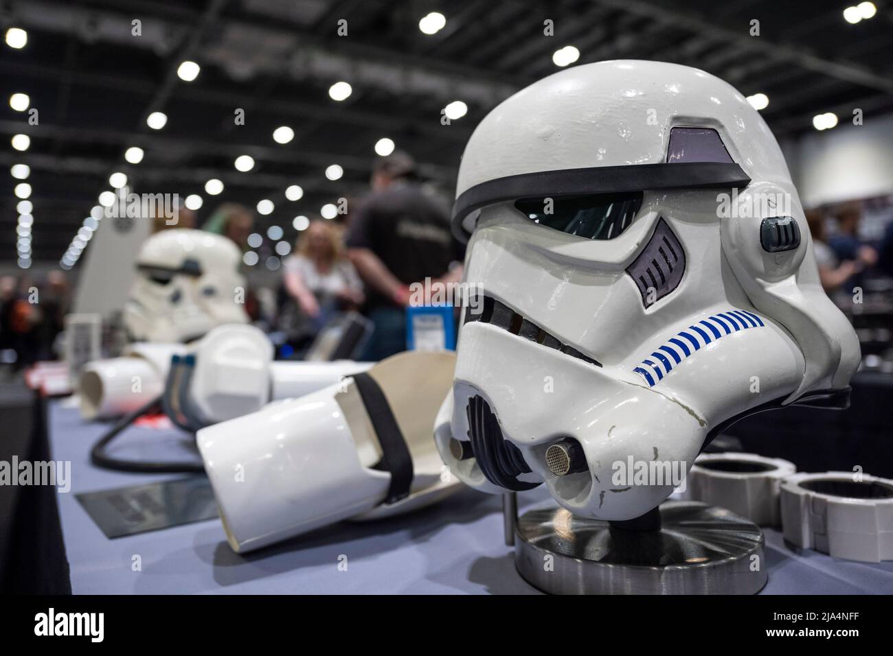 London, UK. 27 May 2022. Stormtrooper masks on a Star Wars stall as MCM ...