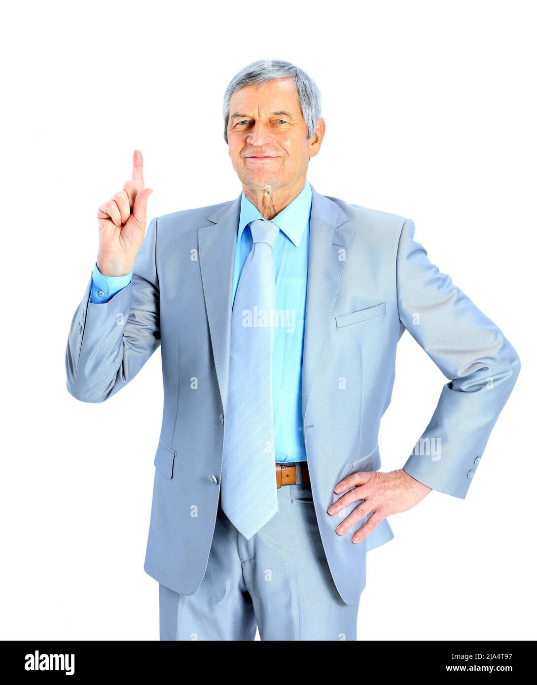Nice businessman at the age, raising a finger. Isolated on a white ...