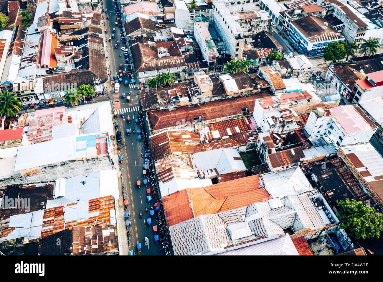 Aerial view of Iquitos, Peru with the Itaya River in the background in ...
