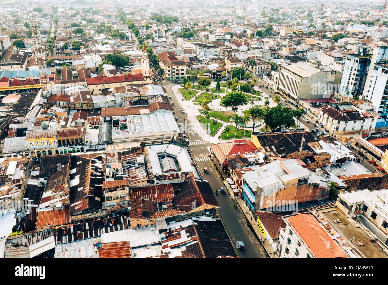Aerial view of Iquitos, Peru with the Itaya River in the background in ...