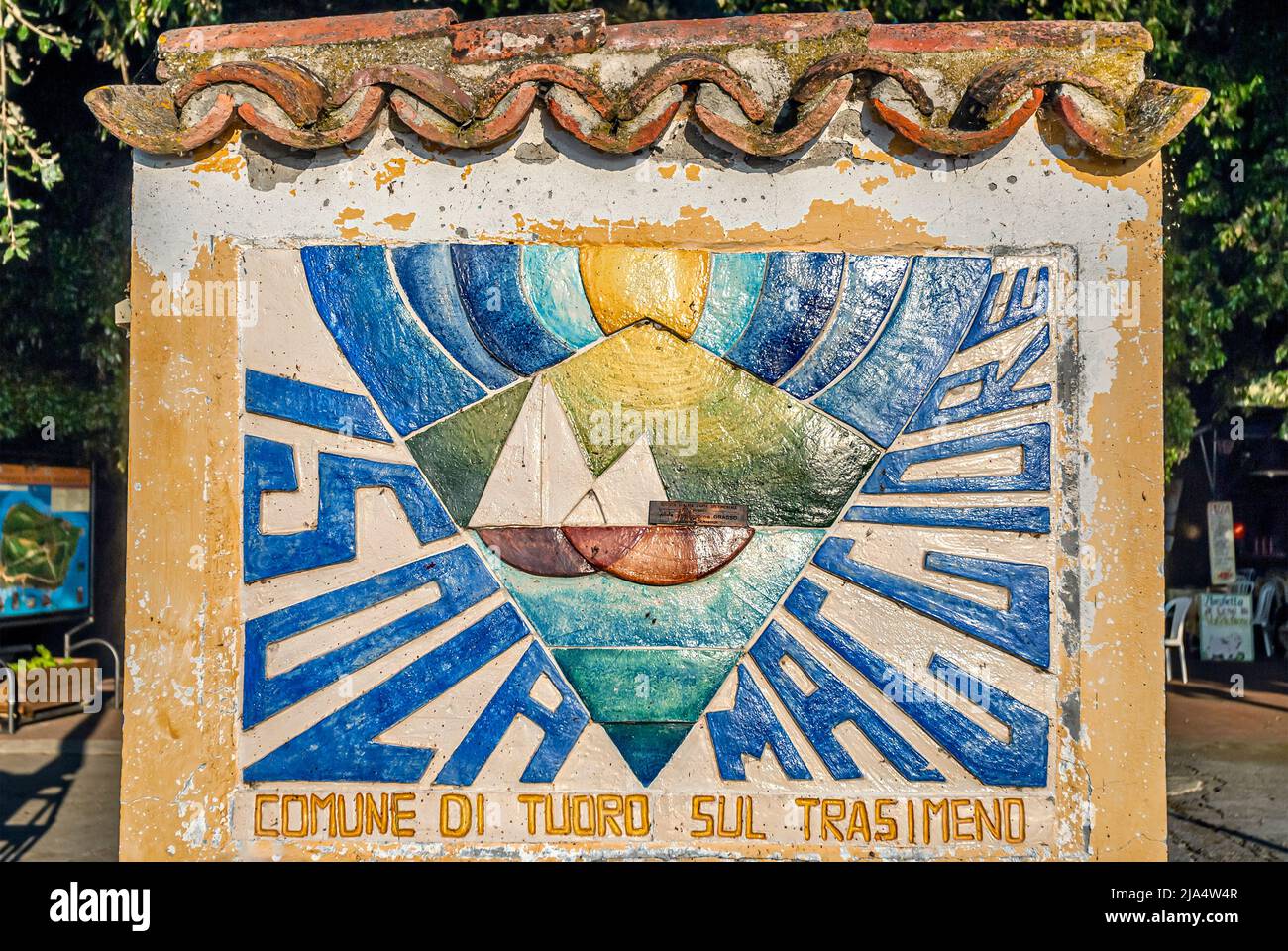 Colorful ceramic symbol of the island Isola Maggiore in Umbria, Italy ...