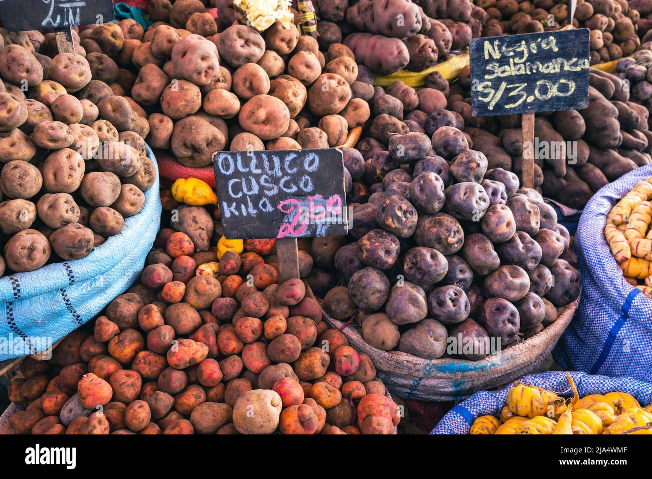 Different types of potatoes at the local market in Arequipa city, Peru ...
