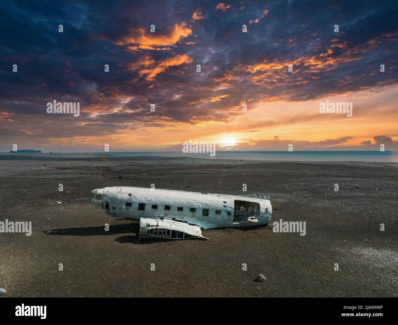 Aerial view of the old crashed plane abandoned on Solheimasandur beach ...
