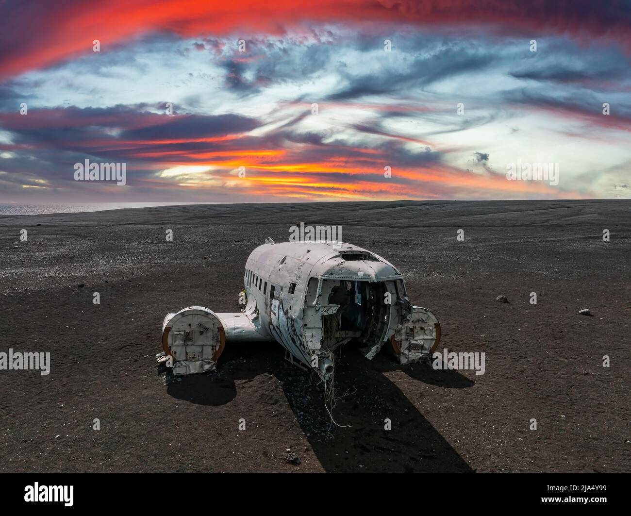 Aerial view of the old crashed plane abandoned on Solheimasandur beach ...