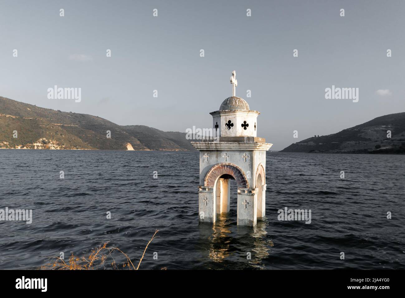 Bell tower of flooded Saint Nicholas Church. Kouris Dam, Limassol ...