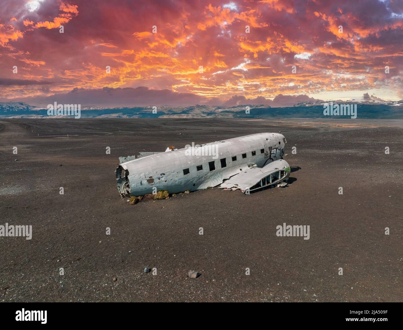 Aerial view of the old crashed plane abandoned on Solheimasandur beach ...