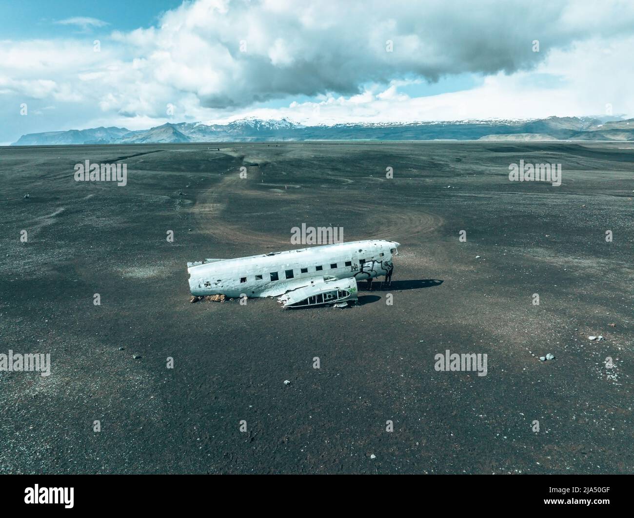 Aerial view of the old crashed plane abandoned on Solheimasandur beach ...