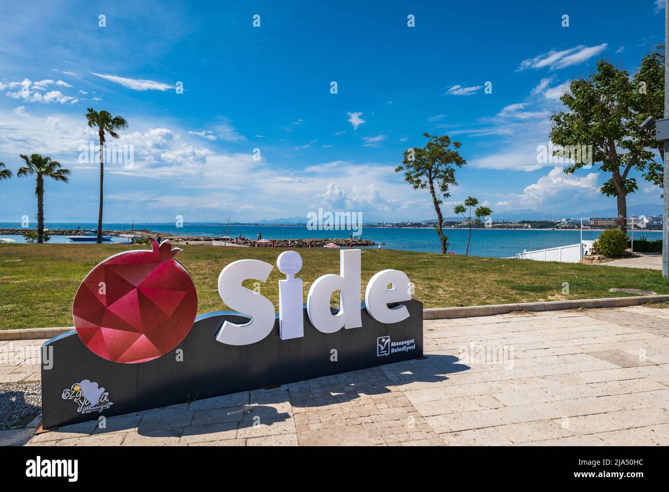 Side, a popular resort town near Antalya, Turkey, landscape with sea ...