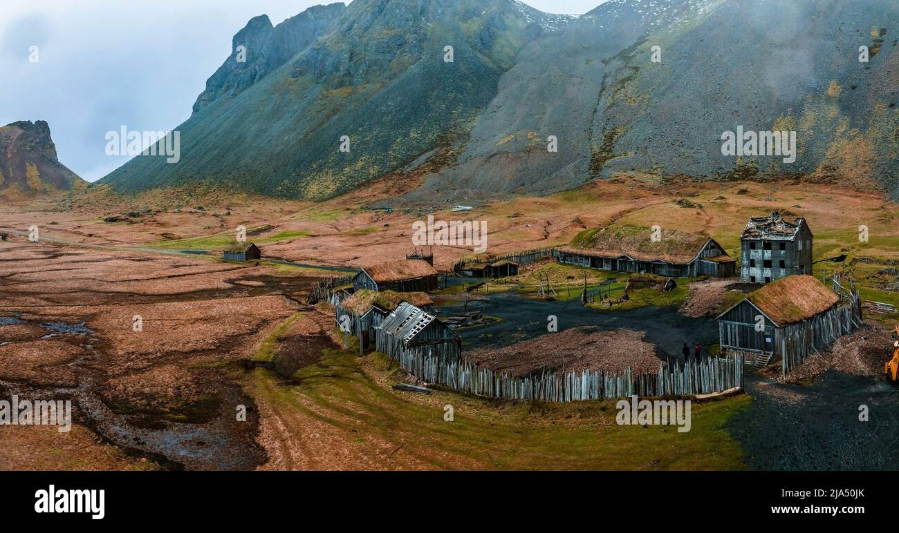 Aerial view of a viking village on a stormy rainy day in Iceland Stock ...