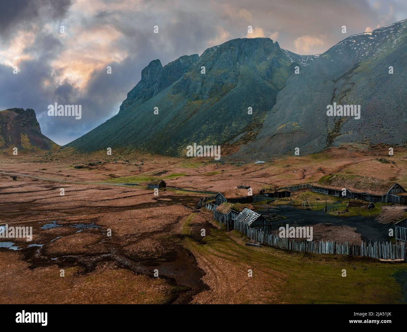 Aerial view of a viking village on a stormy rainy day in Iceland Stock ...
