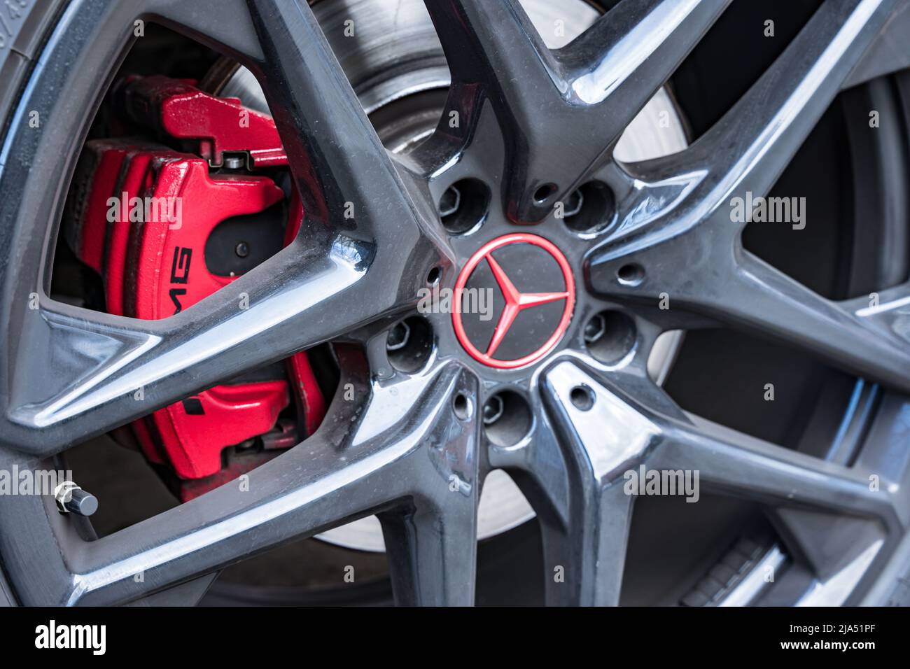 SOSNOVY BOR, RUSSIA - MAY 03, 2022: Mercedes Benz AMG car wheel Stock ...