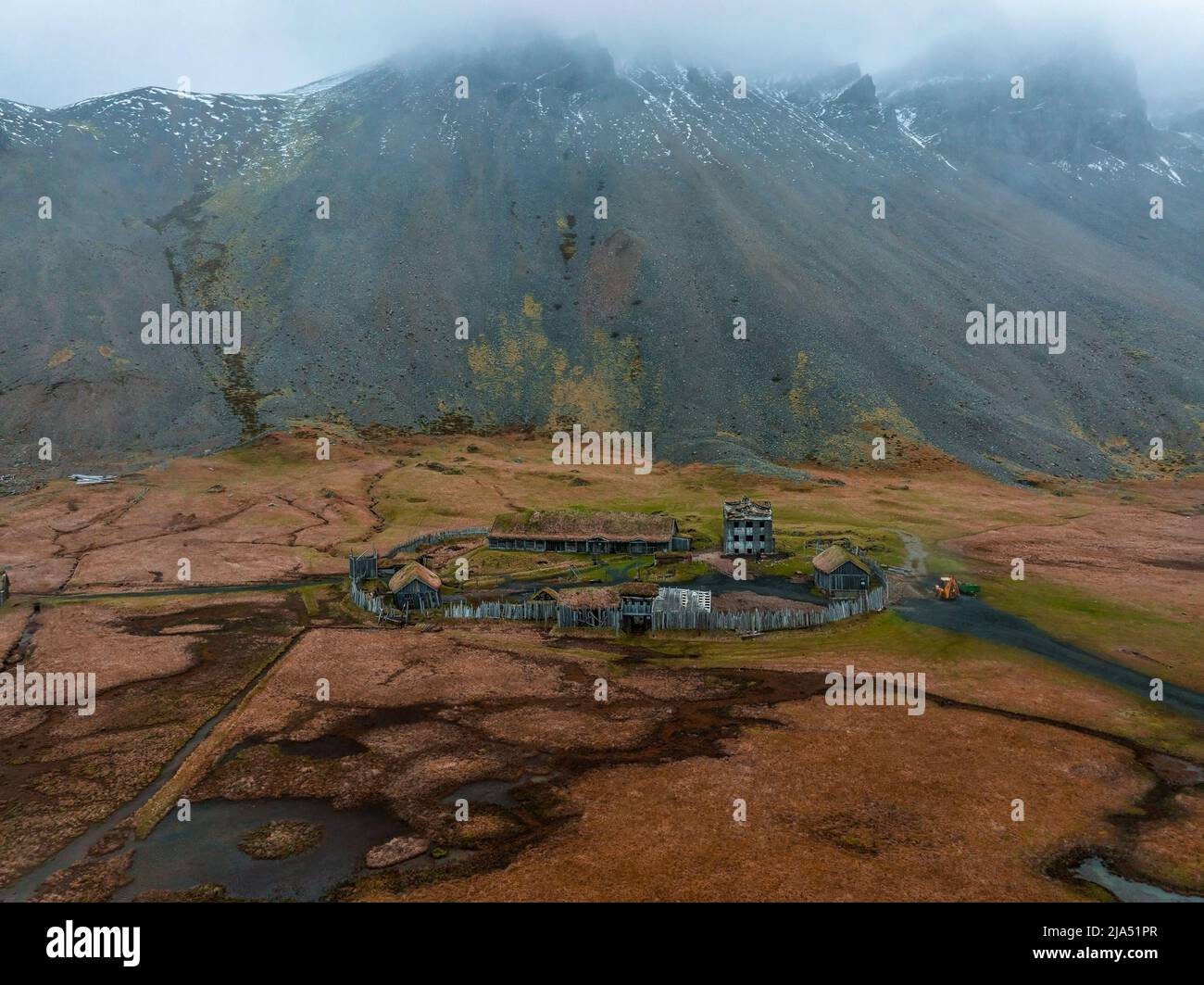 Aerial view of a viking village on a stormy rainy day in Iceland Stock ...