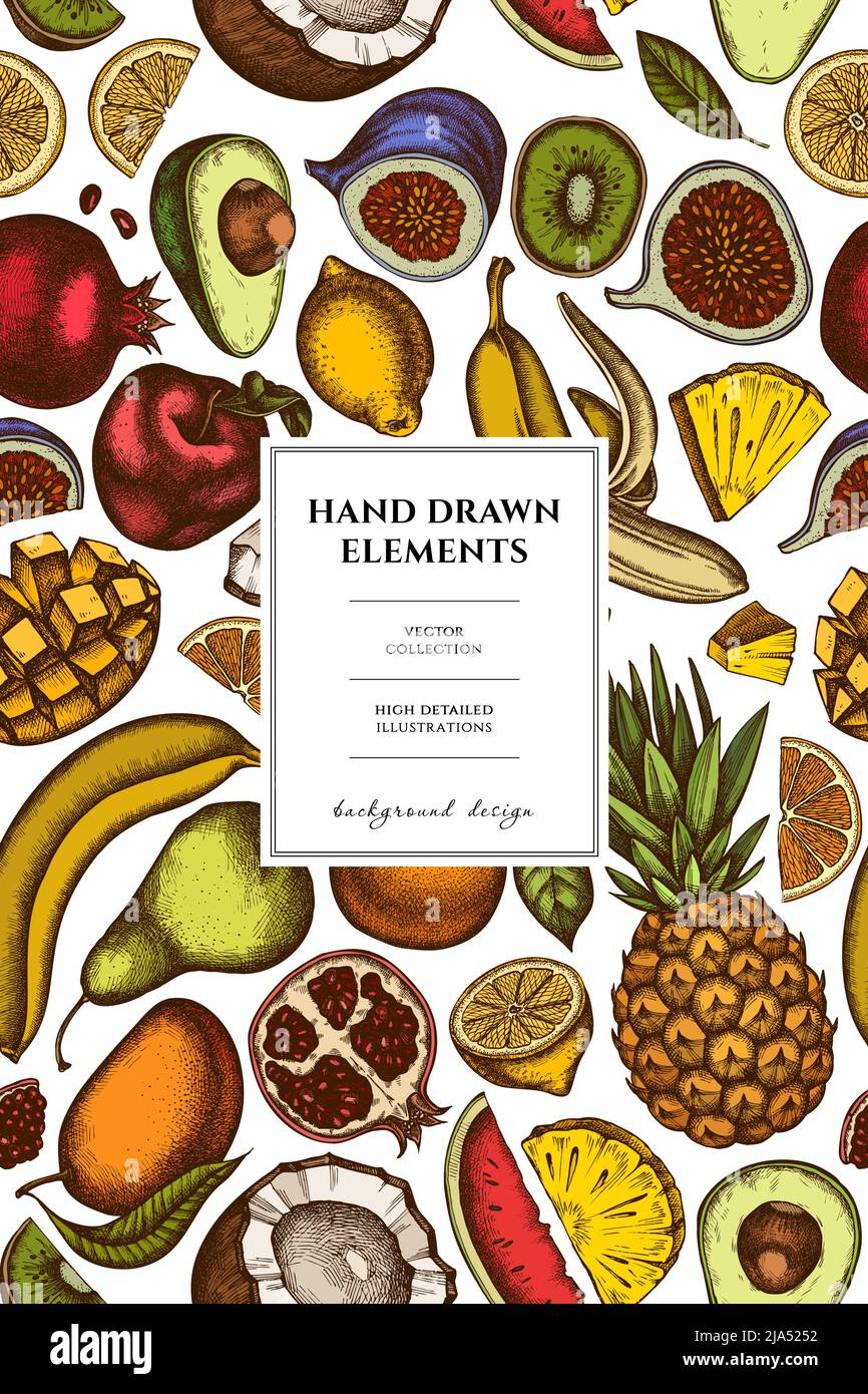 Fruits pattern card design. Hand drawn bananas, pears, kiwi etc Stock ...