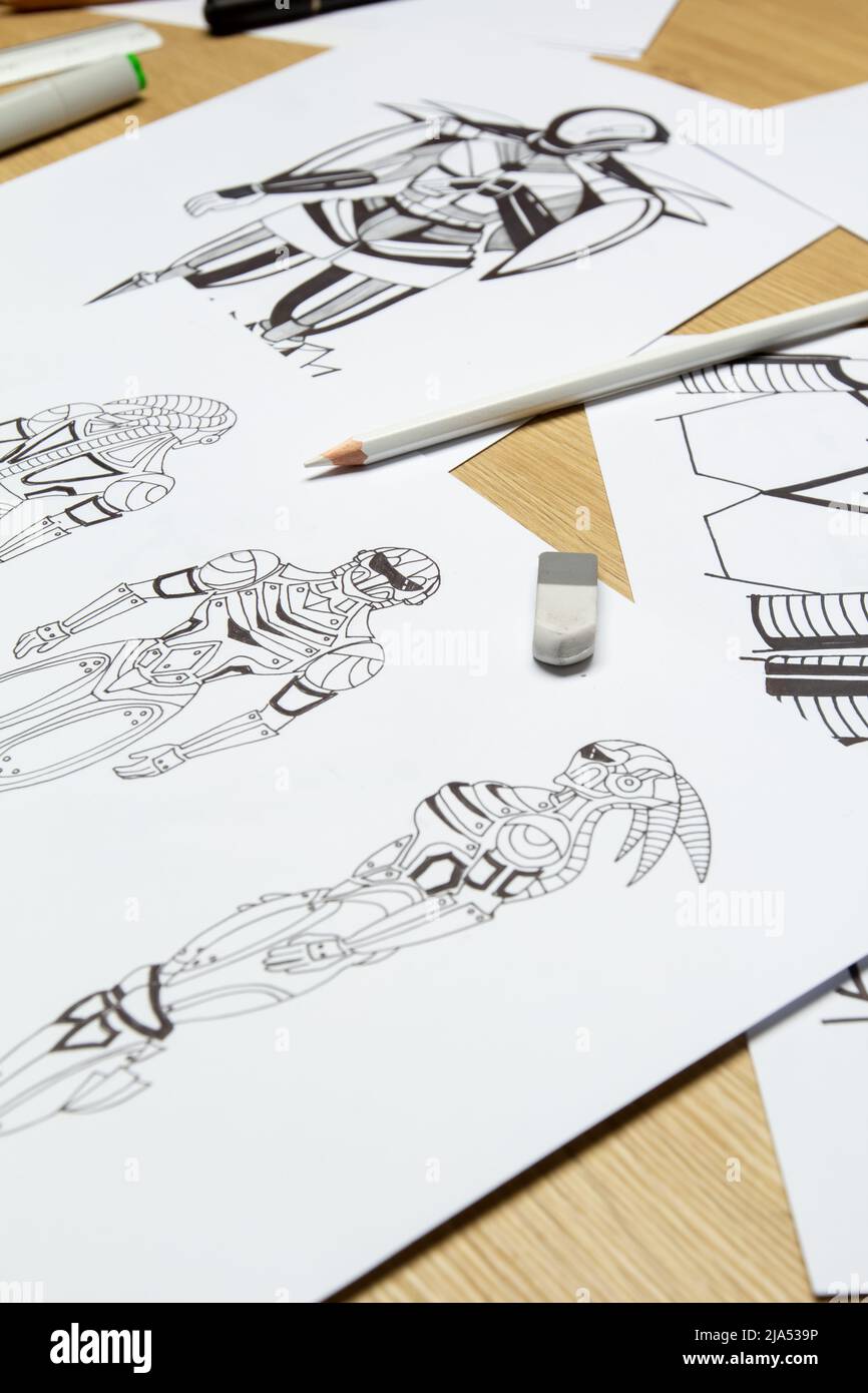 Illustrated sketches of robots characters of computer games. Design ...